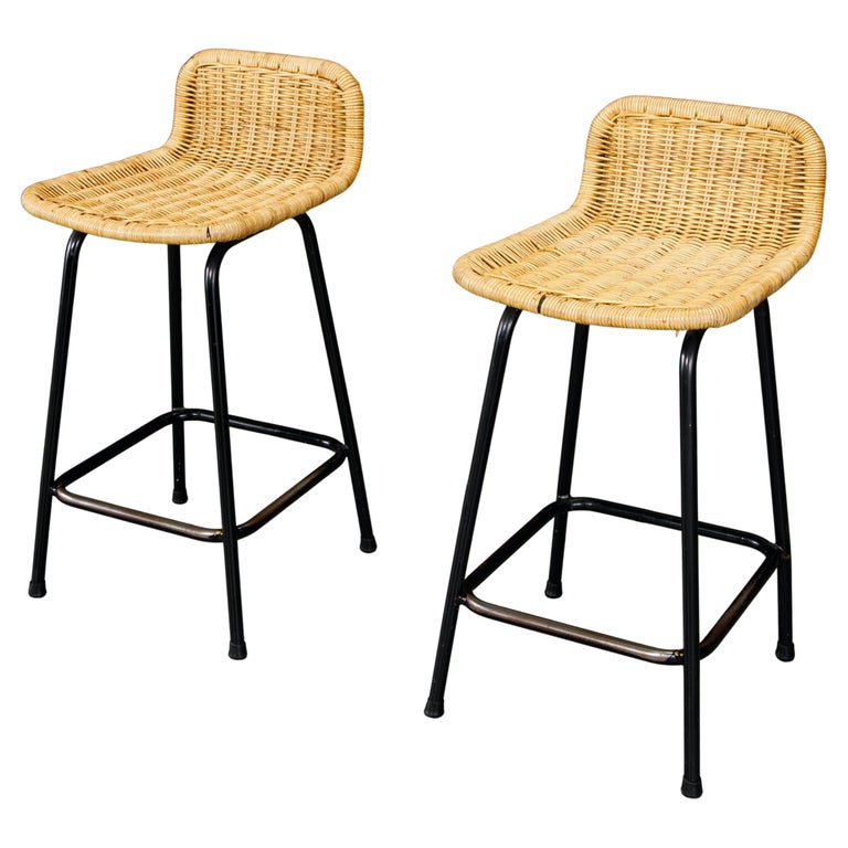 Pair of Charlotte Perriand Style Rattan Counter Height Bar Stools For ...