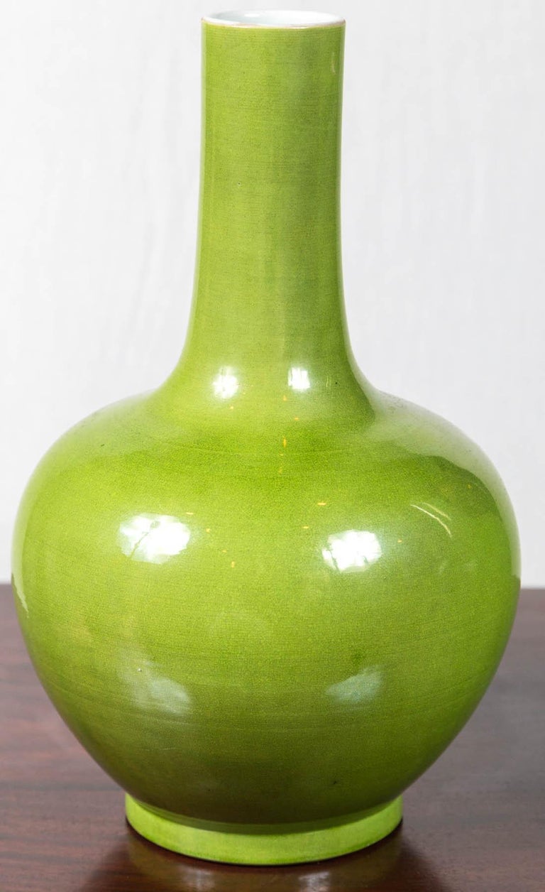 Pair of Chinese Porcelain Chartreuse Bottle Vases at 1stDibs