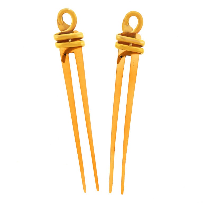 Pair of Chaumet Hairpins with Ruby and Sapphire Set Gold Snakes at ...