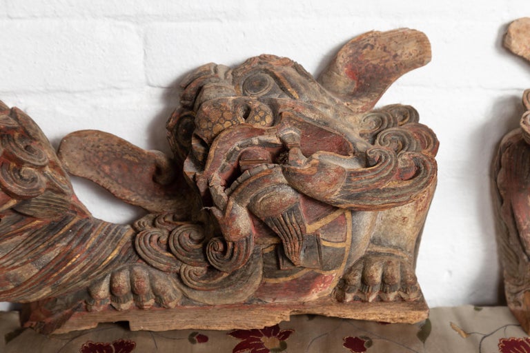 Pair of Chinese 19th Century Hand Carved and Painted Temple Guardian ...