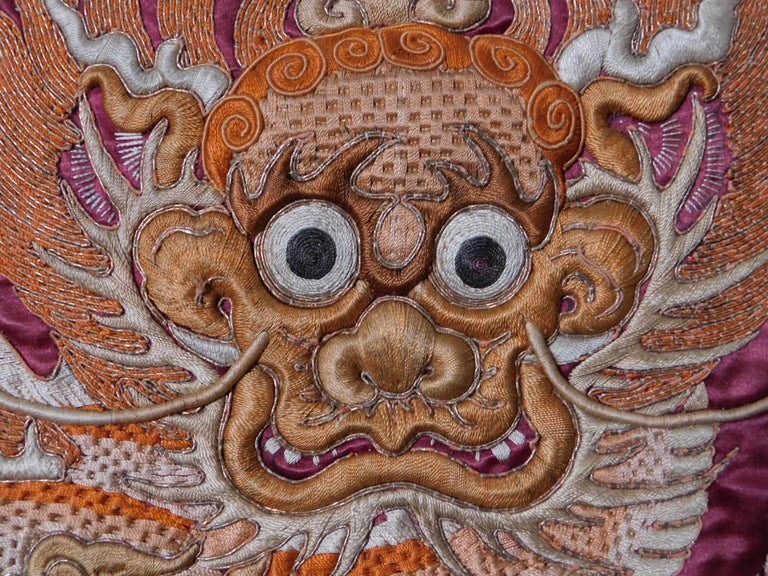Pair of Chinese 19th Century Heavily Embroidered Dragon Silk Panels at ...