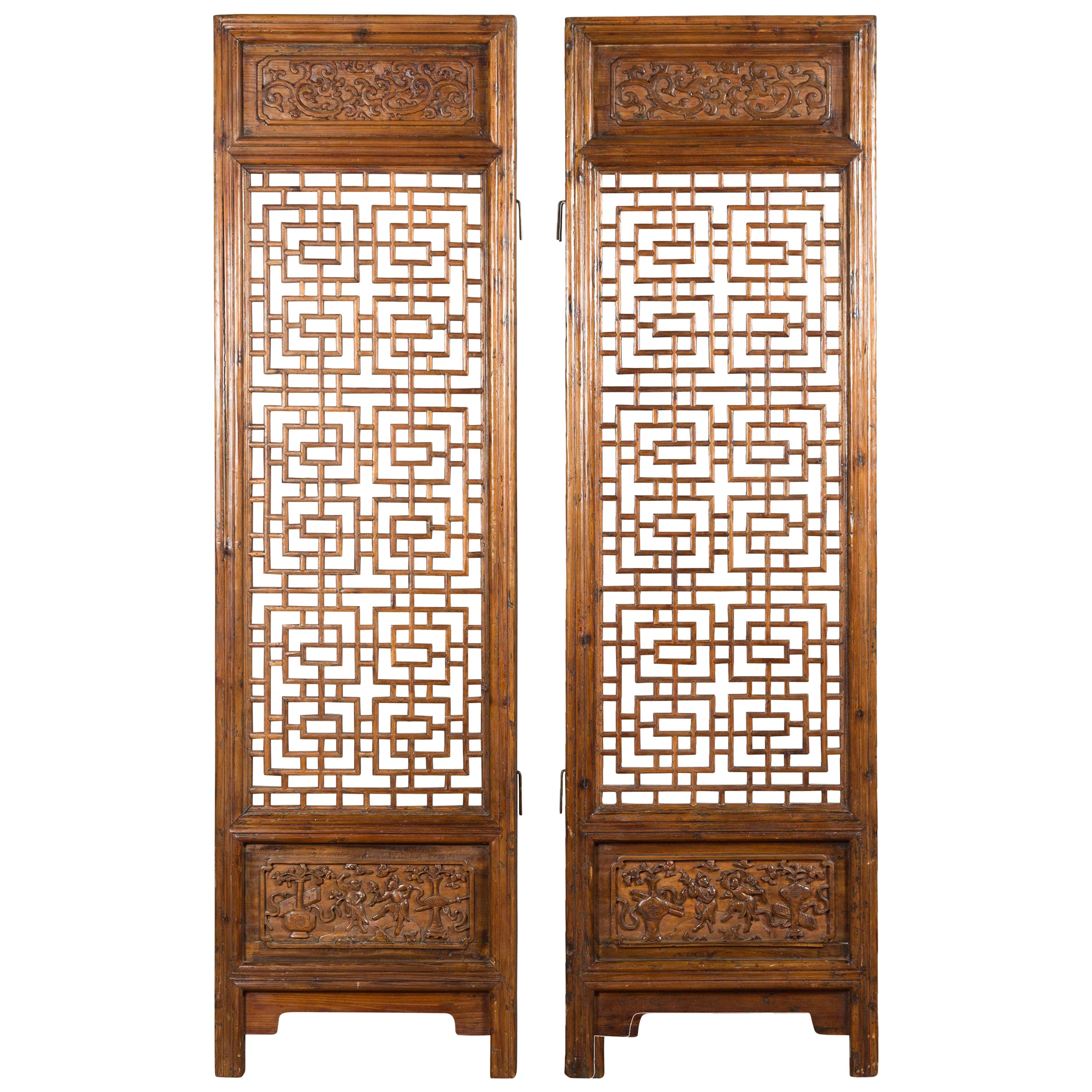 Pair of Chinese 19th Century Screens with Fretwork and Low-Relief ...