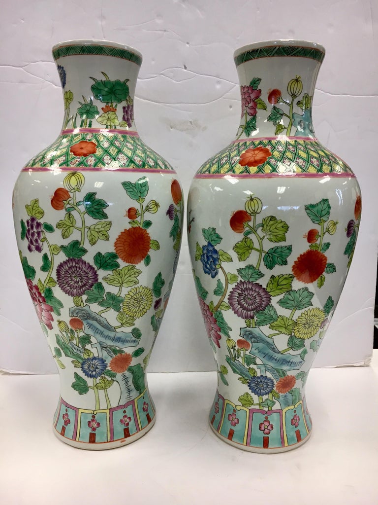 Pair of Chinese Asian Porcelain Baluster Vases with Hand Painted ...