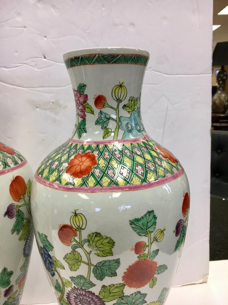 Pair of Chinese Asian Porcelain Baluster Vases with Hand Painted ...