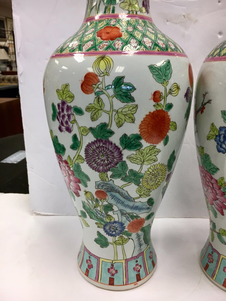 Pair of Chinese Asian Porcelain Baluster Vases with Hand Painted ...