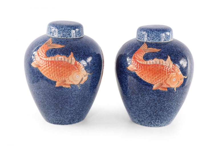 Pair of Chinese Blue and Orange Fish Design Lidded Porcelain Jars For ...