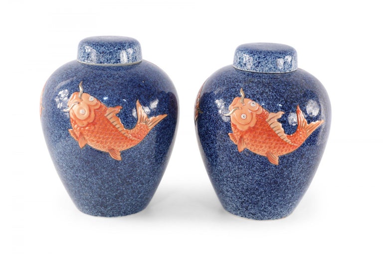 Pair of Chinese Blue and Orange Fish Design Lidded Porcelain Jars For ...