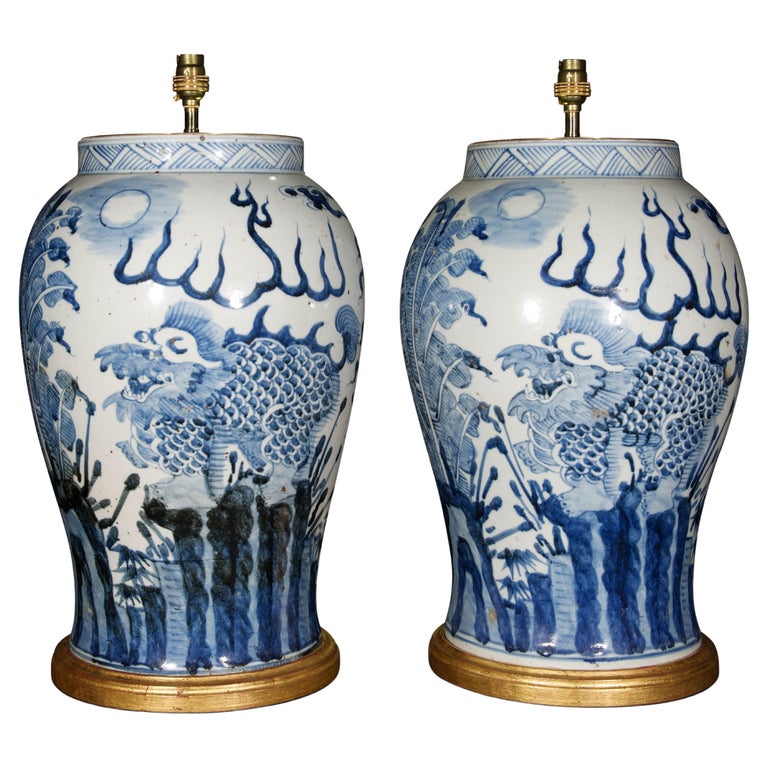 Pair of Chinese Blue and White Dogs of Fo Porcelain Table Lamps For ...