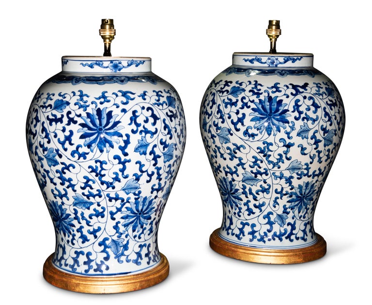 Pair of Chinese Blue and White Lotus Flower Porcelain Table Lamps For ...