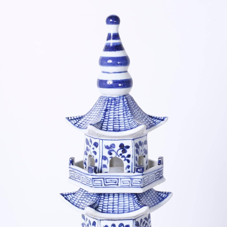 Pair of Chinese Blue and White Porcelain Pagodas at 1stDibs