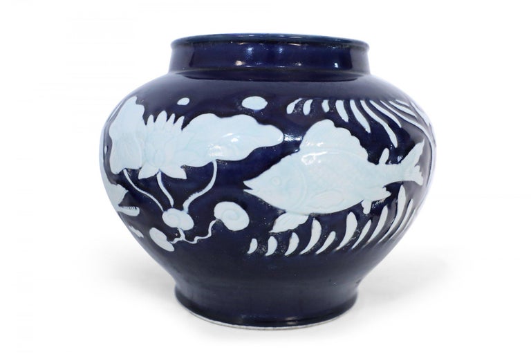 Pair of Chinese Blue and White Underwater Motif Porcelain Pots For Sale ...