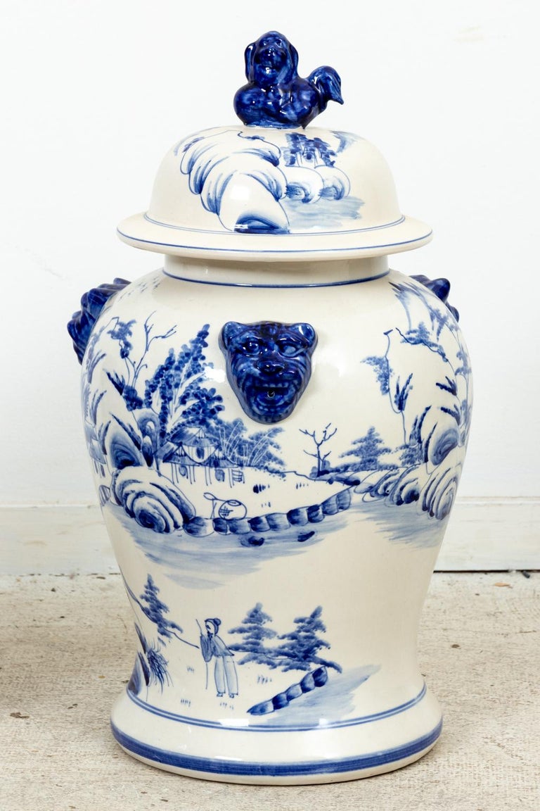 Pair of Chinese Blue Decorated Lion Temple Jars For Sale at 1stDibs