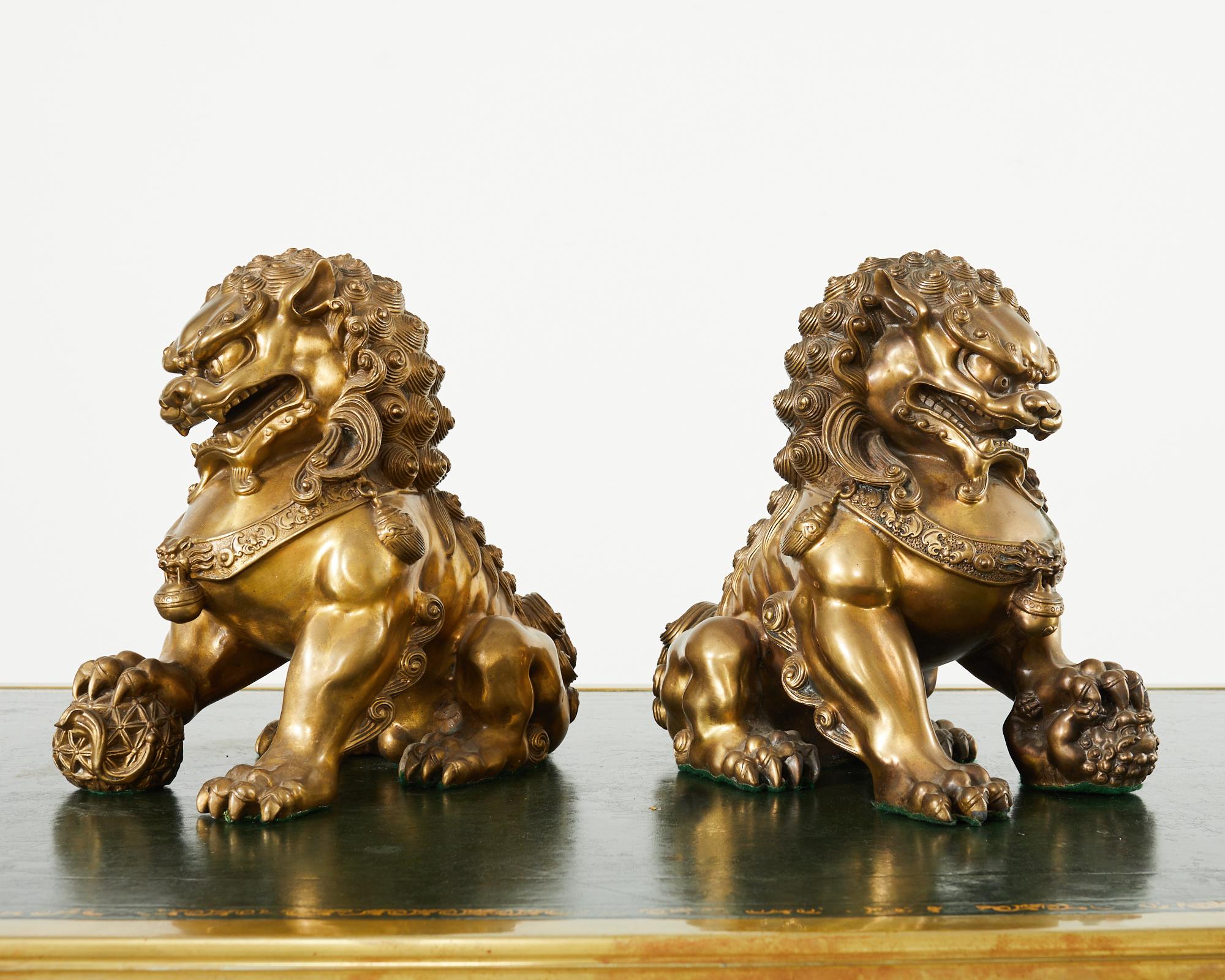 Pair of Chinese Bronzed Metal Buddhist Temple Foo Dogs Lions For Sale ...
