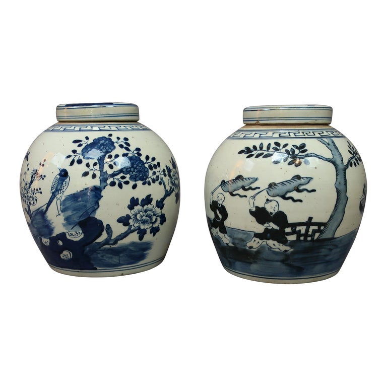 Pair of Chinese Canton Blue and White Ginger Jar at 1stDibs
