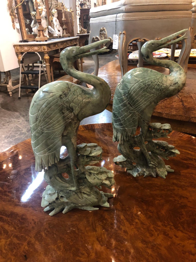 Pair of Chinese Carved Jade Cranes at 1stDibs