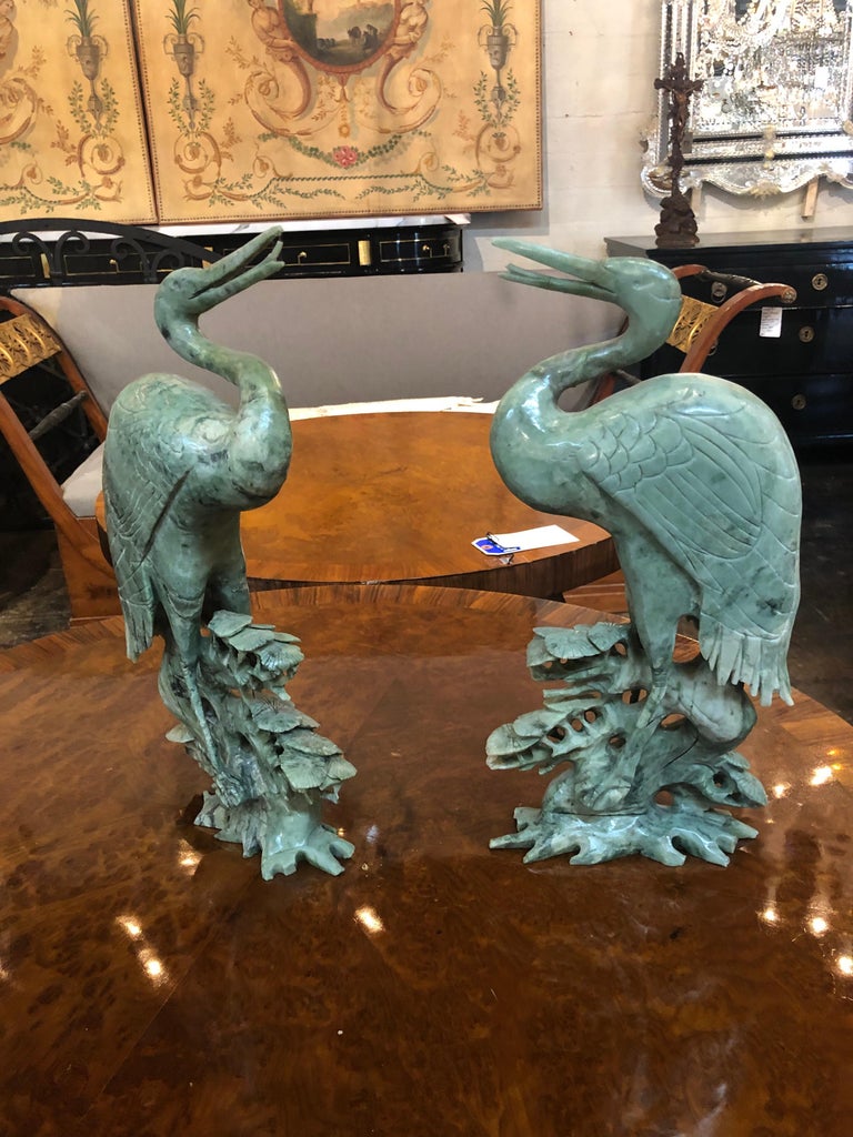 Pair of Chinese Carved Jade Cranes at 1stDibs