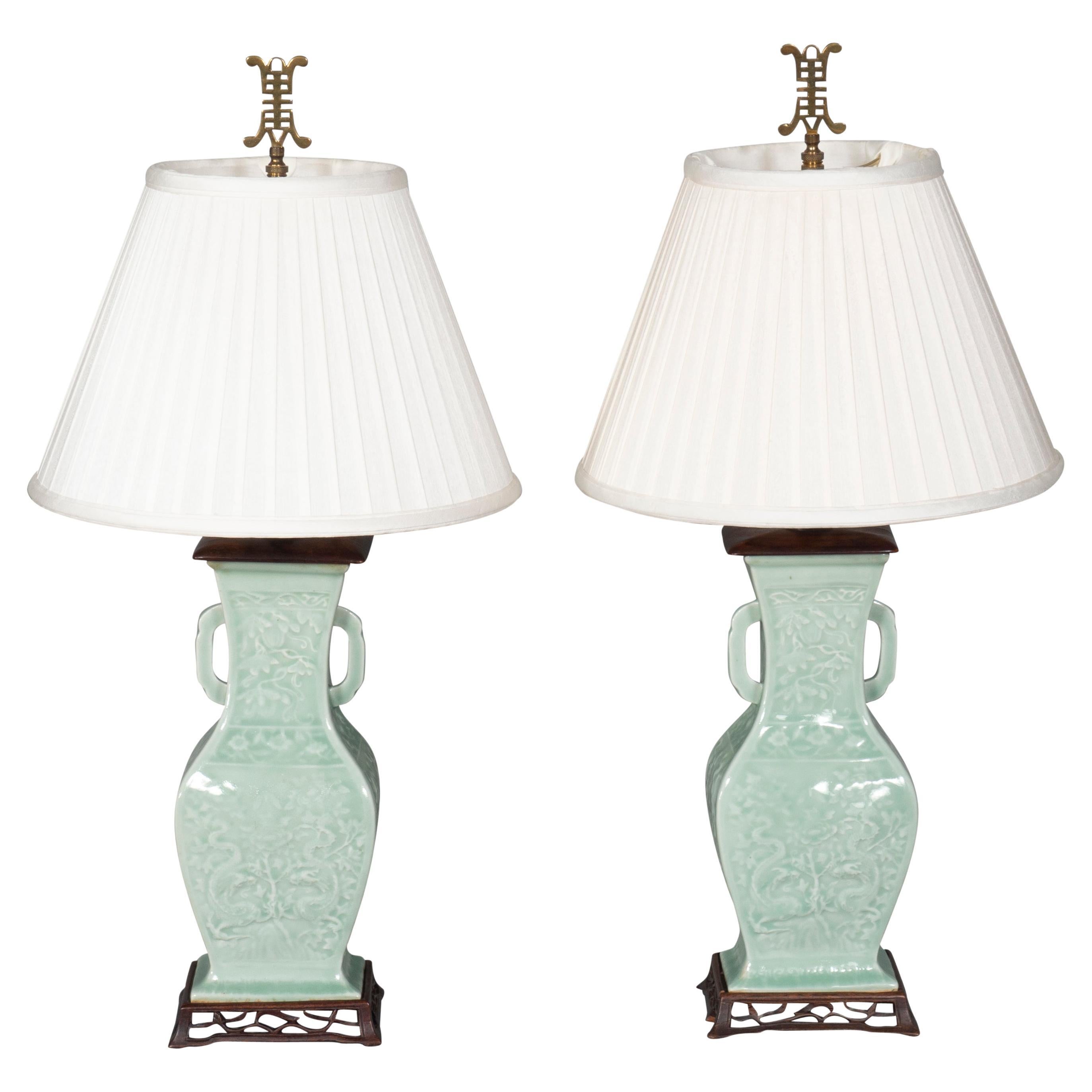 Monumentally Large Impressive Pair of Celadon Chinese Table Lamps For ...