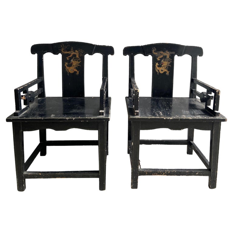 Pair of Chinese Chair in Lacquered Black Wood and Gold from Late 19th ...