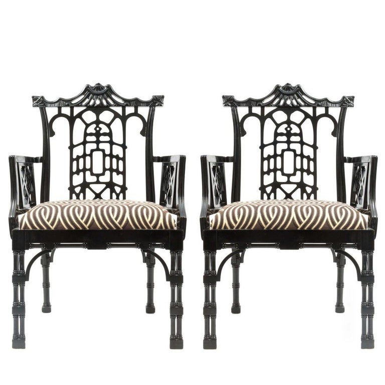Pair of Chinese Chippendale Carved Fretwork Armchairs at 1stDibs