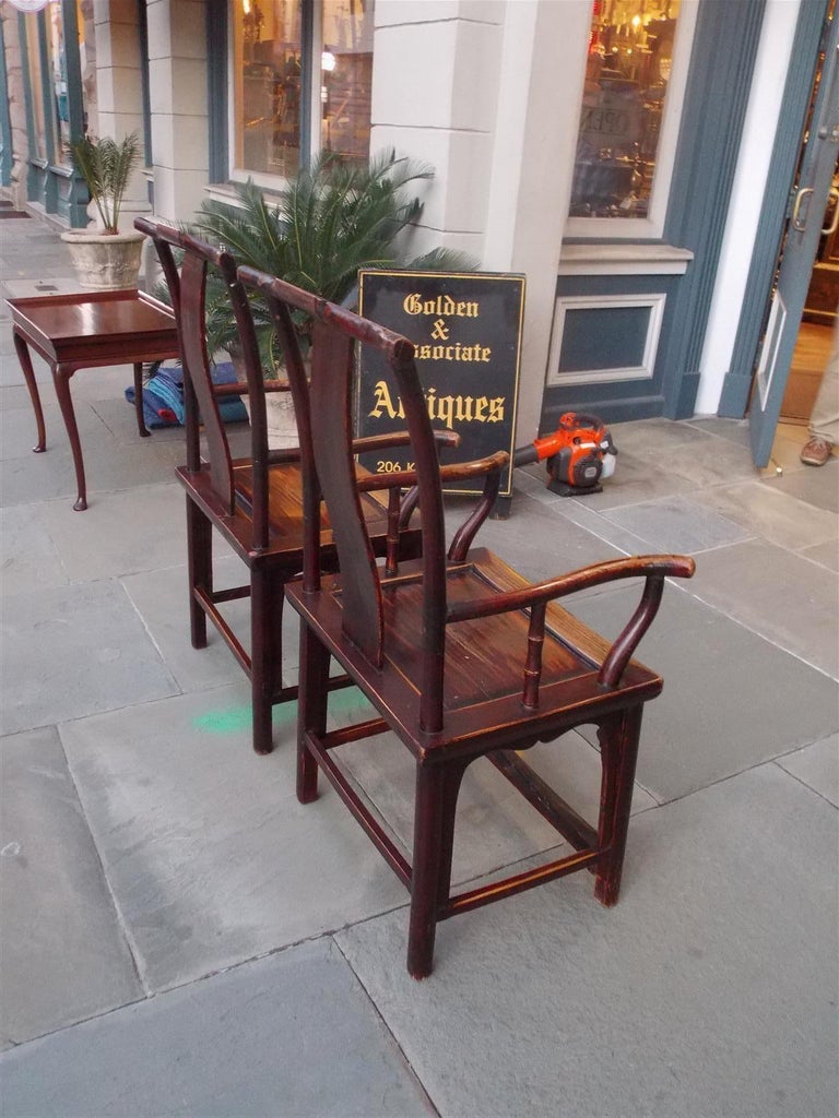 Pair of Chinese Chippendale Qing Dynasty Red Lacquered King Wood Arm ...