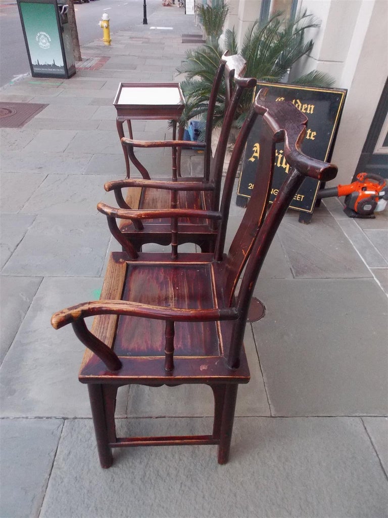 Pair of Chinese Chippendale Qing Dynasty Red Lacquered King Wood Arm ...