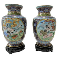 Pair of Colorful Chinese Jingfa Cloisonné Vases with Carved Mahogany ...