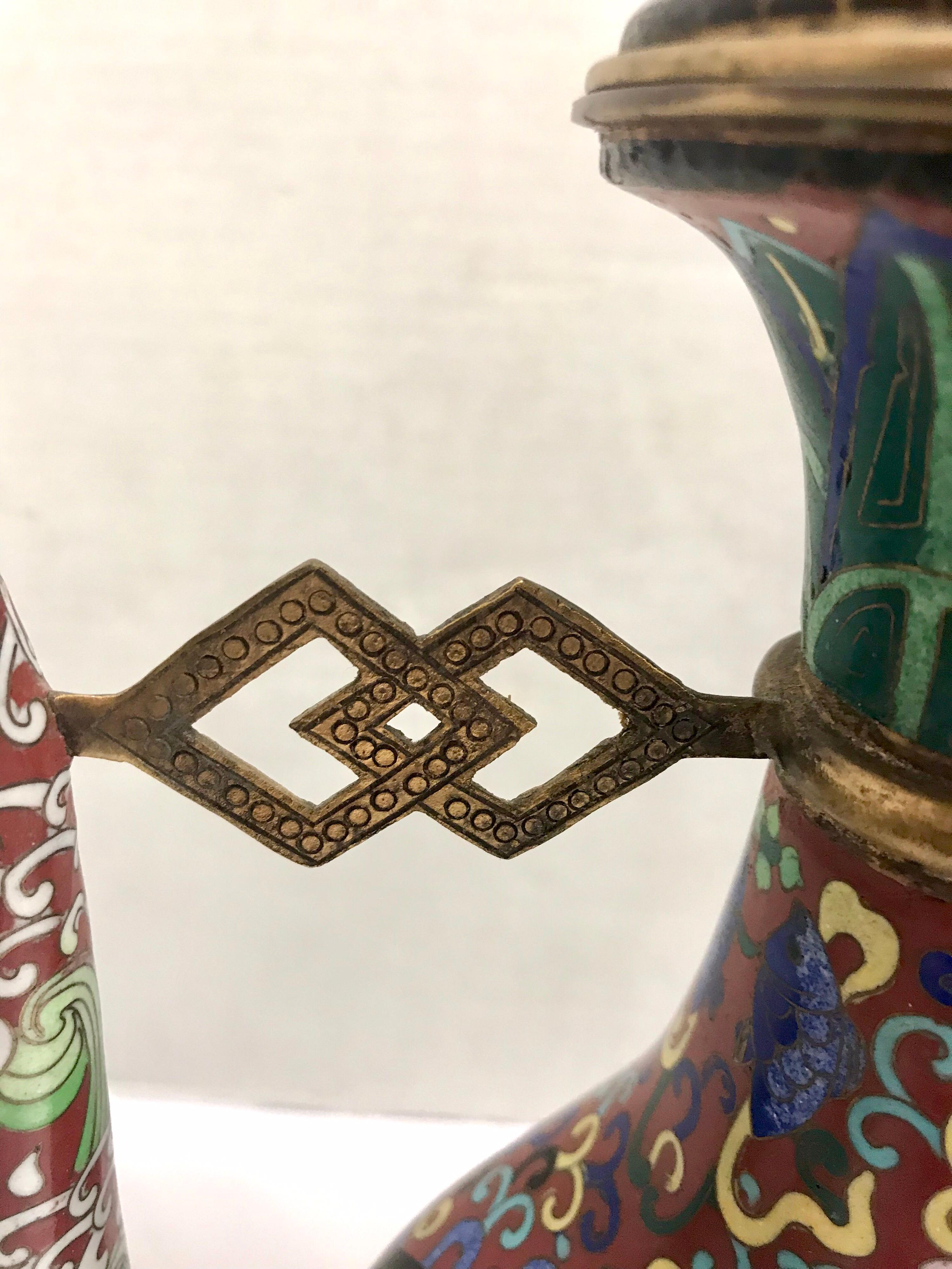 Pair of Chinese Cloisonné Ewers Pitchers Decanters For Sale at 1stDibs