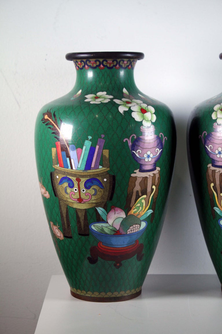 Pair of Chinese Cloisonne Vases Floral Design with Scolls and Gourd ...