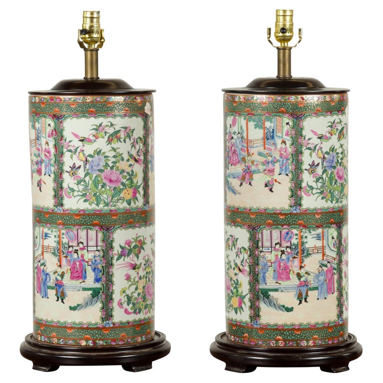 Pair of Chinese Contemporary Rose Medallion Cylinder Table Lamps on ...