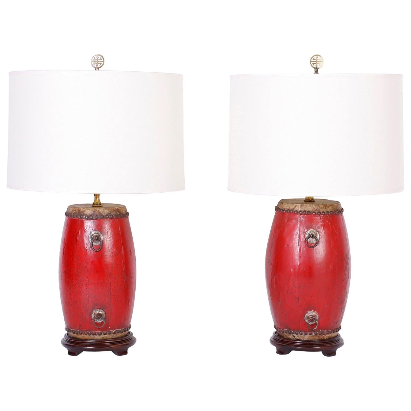 Pair of Chinese Drum Table Lamps in Red at 1stDibs