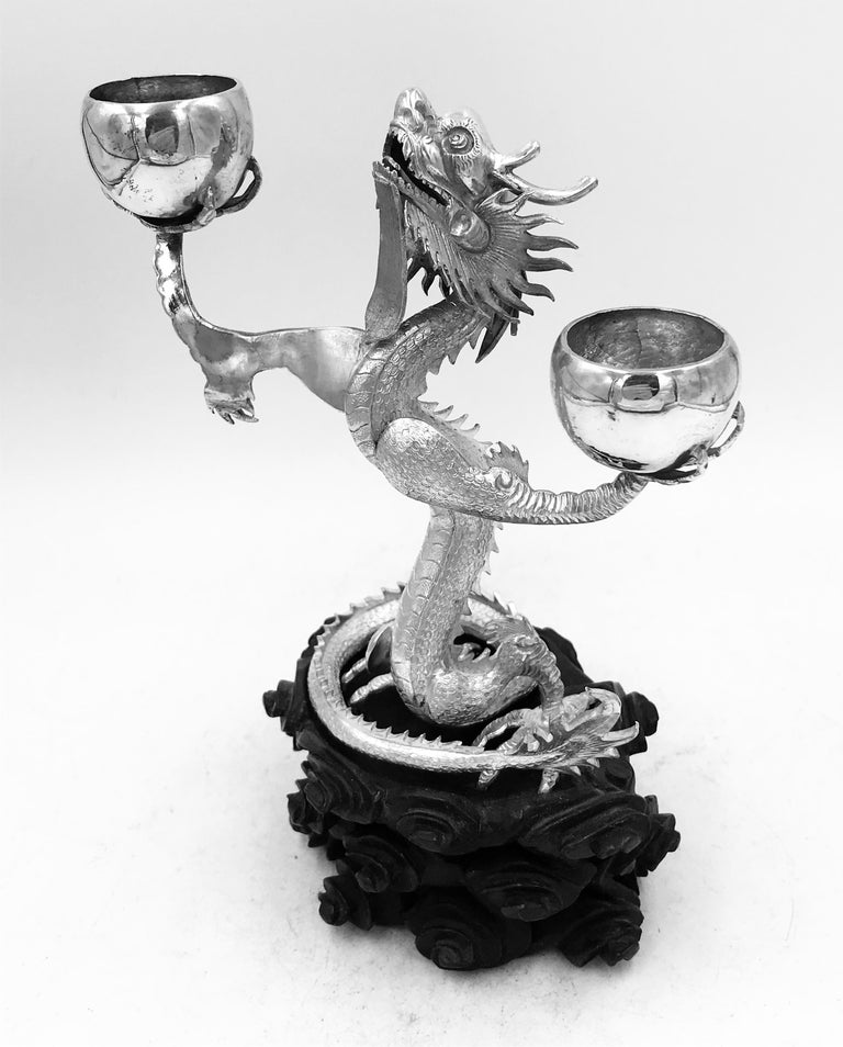 Pair of Chinese Export Silver Dragon Candelabra For Sale at 1stDibs