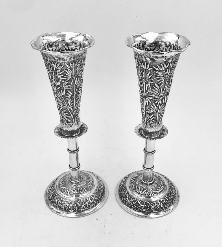 Pair of Chinese Export Silver Vases For Sale at 1stDibs