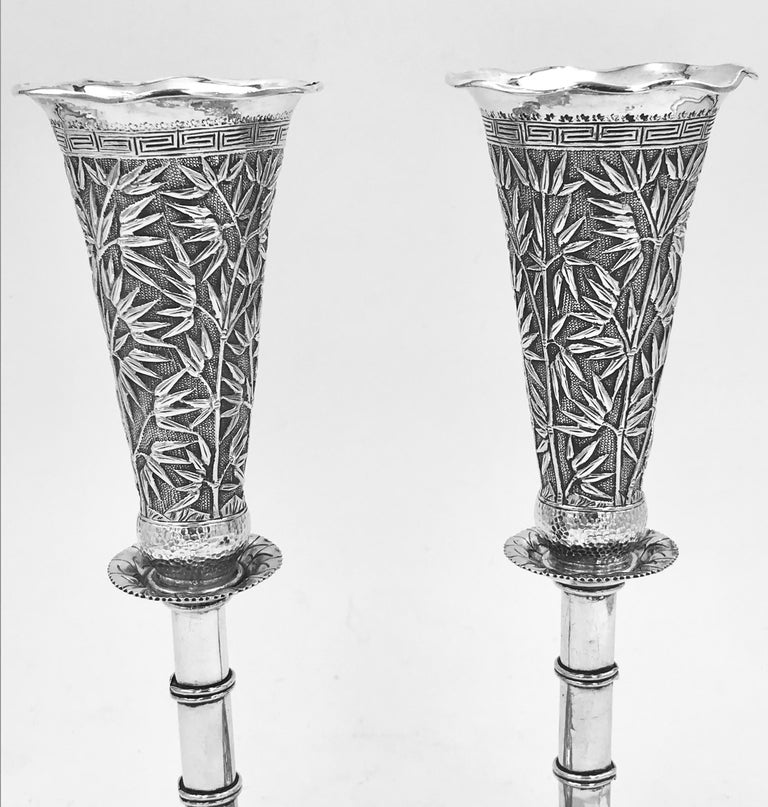 Pair of Chinese Export Silver Vases For Sale at 1stDibs