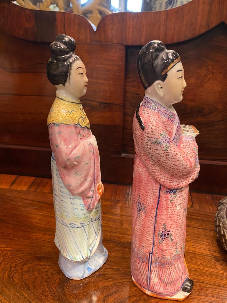 Pair of Chinese Famille Rose Statues Male and Female For Sale at 1stDibs
