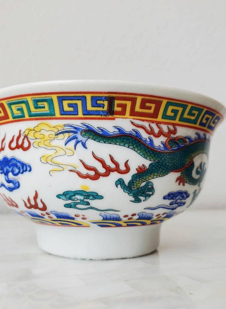 Pair of Chinese Glazed Porcelain Dragon Wucai Bowls For Sale at 1stDibs