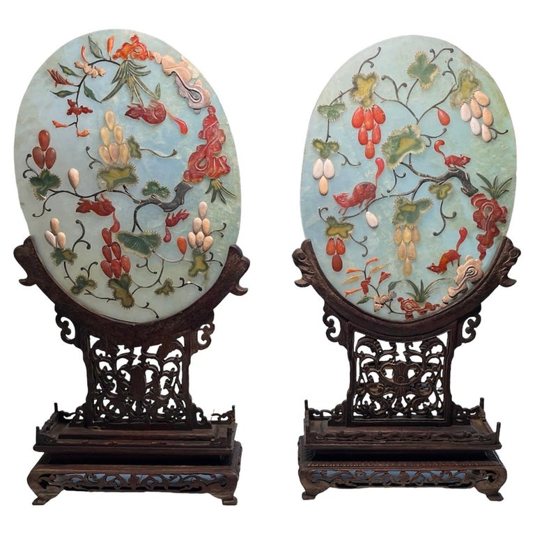 Pair of Chinese Hand Carved Jade and Wood Table Screens For Sale at 1stDibs