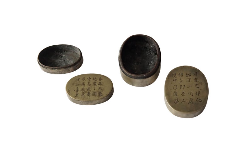 Pair of Chinese Ink Boxes crafted from Bronze with Character Engravings ...