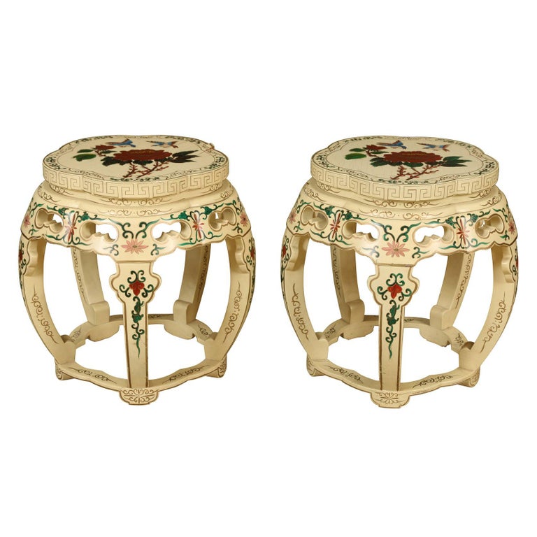 Pair of Chinese Lacquer Taboret in Ivory For Sale at 1stDibs