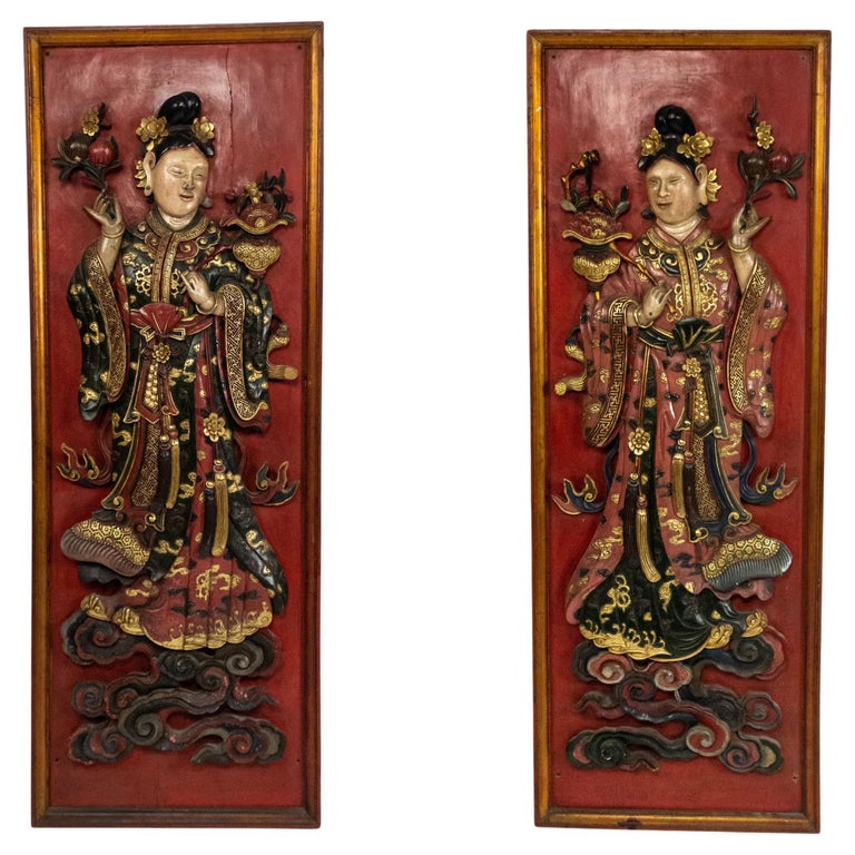 Pair of Chinese Lacquered Carved Wall Plaques For Sale at 1stDibs