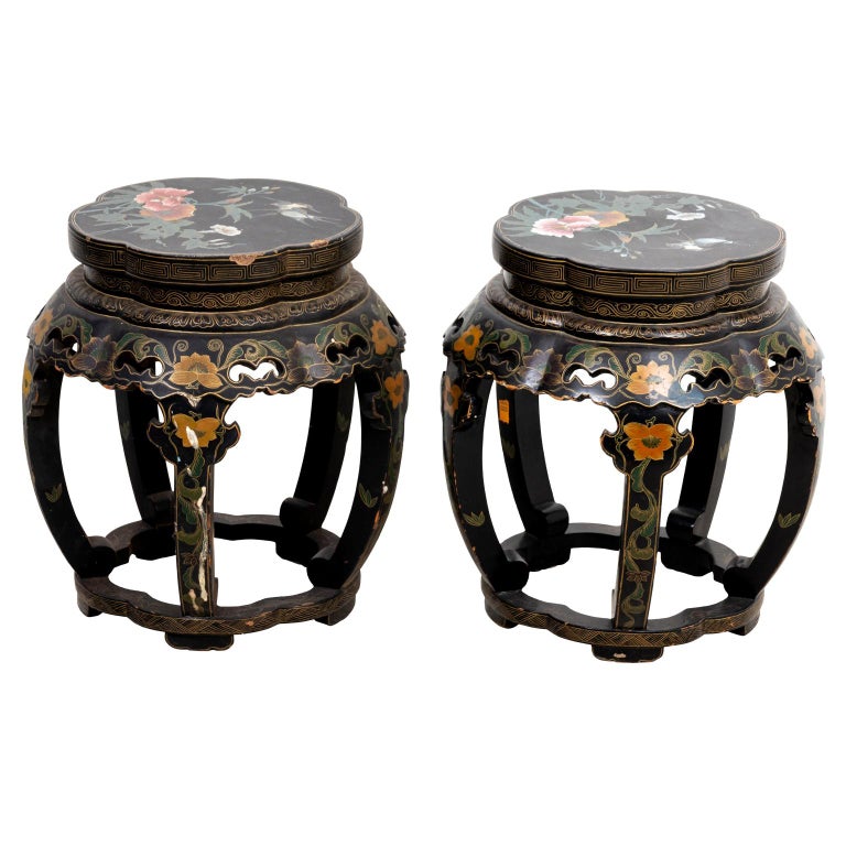 Pair of Chinese Lacquered Stools at 1stDibs