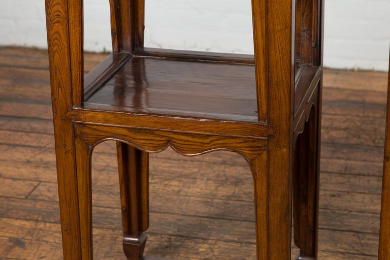 Pair of Chinese Late Qing Dynasty Tiered Lamp Tables with Carved Aprons For Sale at 1stDibs