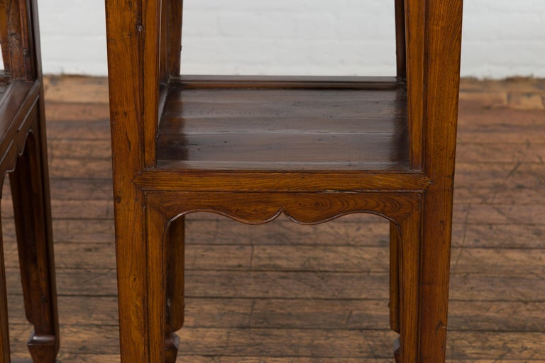 Pair of Chinese Late Qing Dynasty Tiered Lamp Tables with Carved Aprons For Sale at 1stDibs