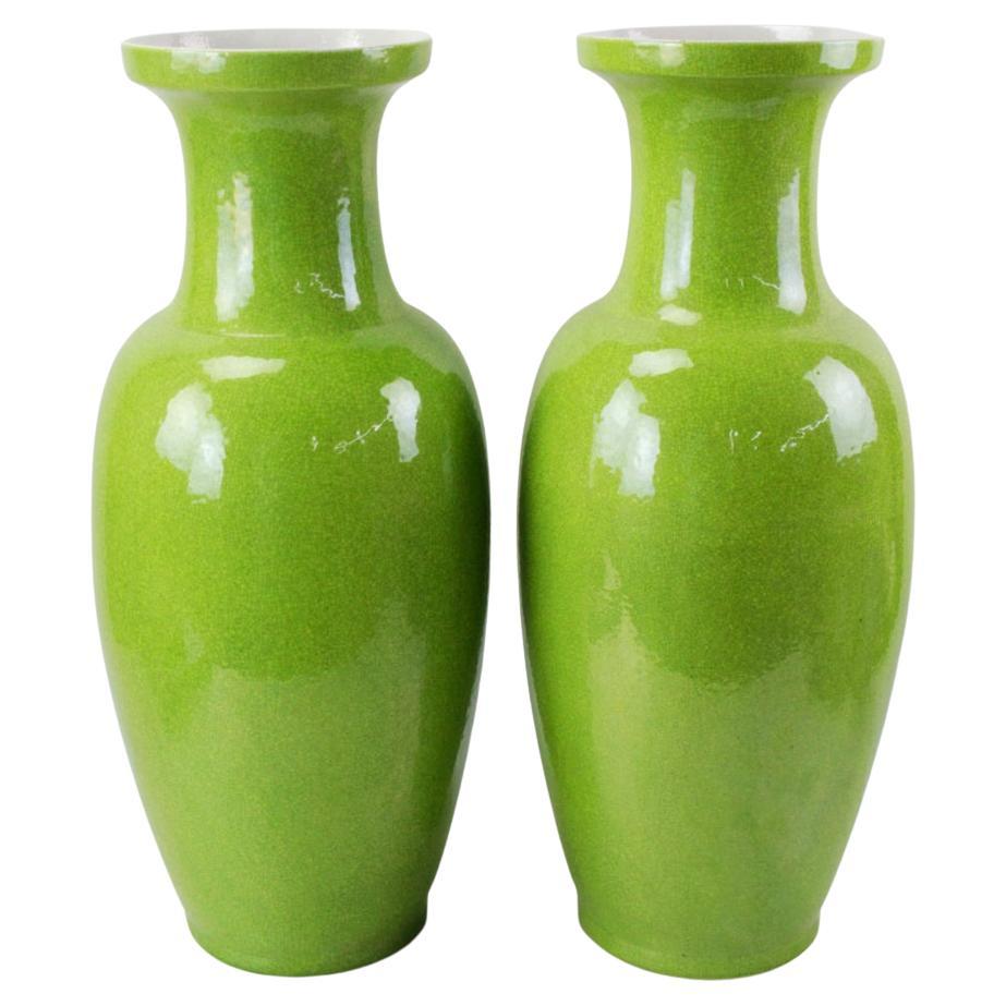 Pair of Chinese Lime/Apple Green Baluster/Urn Form Crackle Vases For ...
