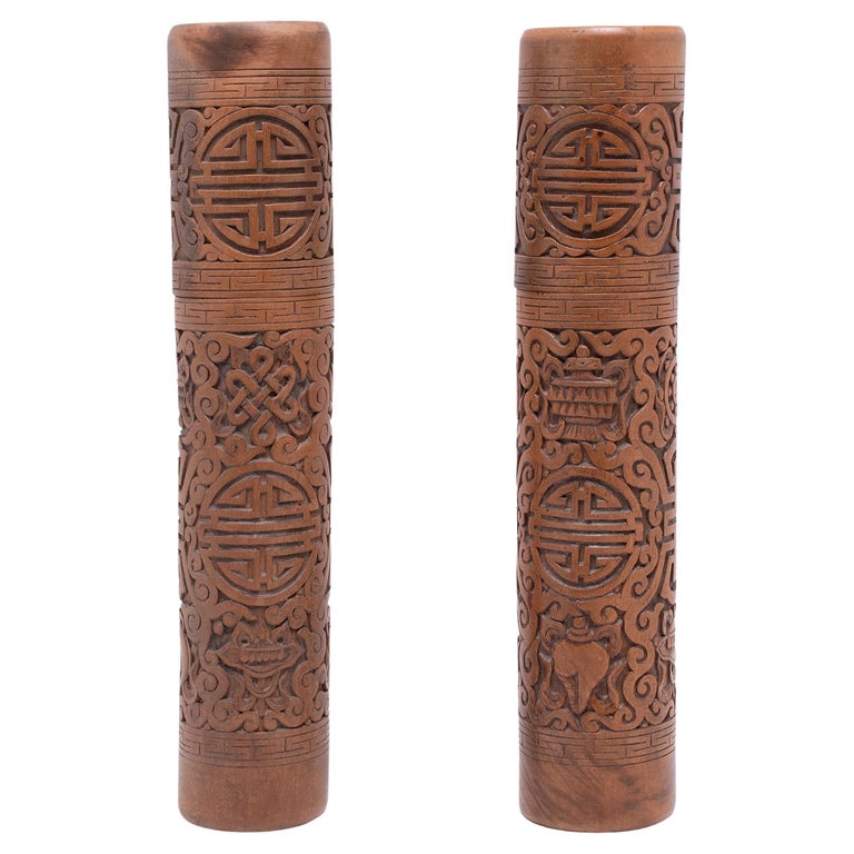 Pair of Chinese Longevity Relief Scroll Cases, c. 1900 For Sale at 1stDibs