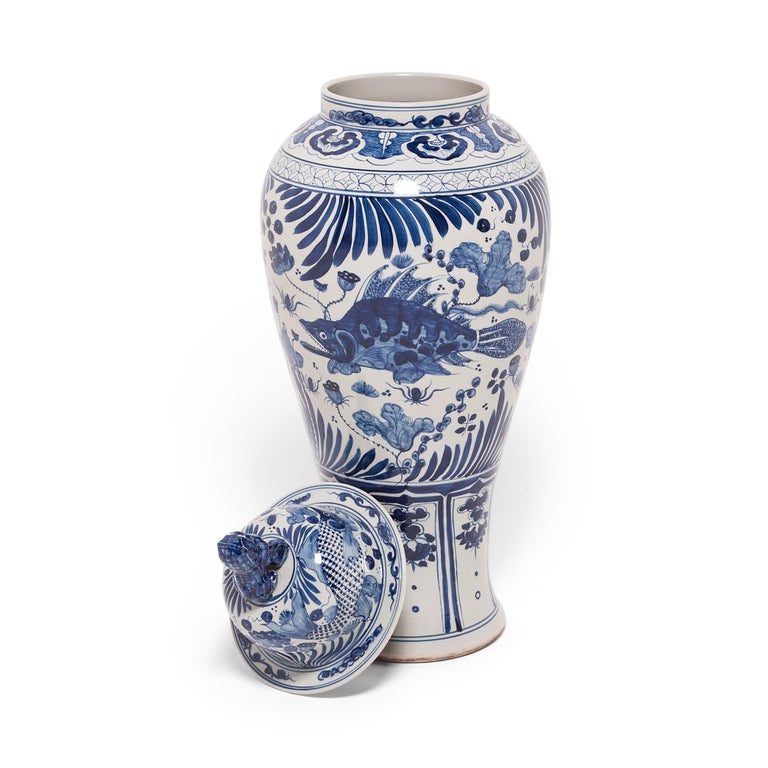 Pair of Chinese Monumental Blue and White Fish Jars with Shizi Tops For ...