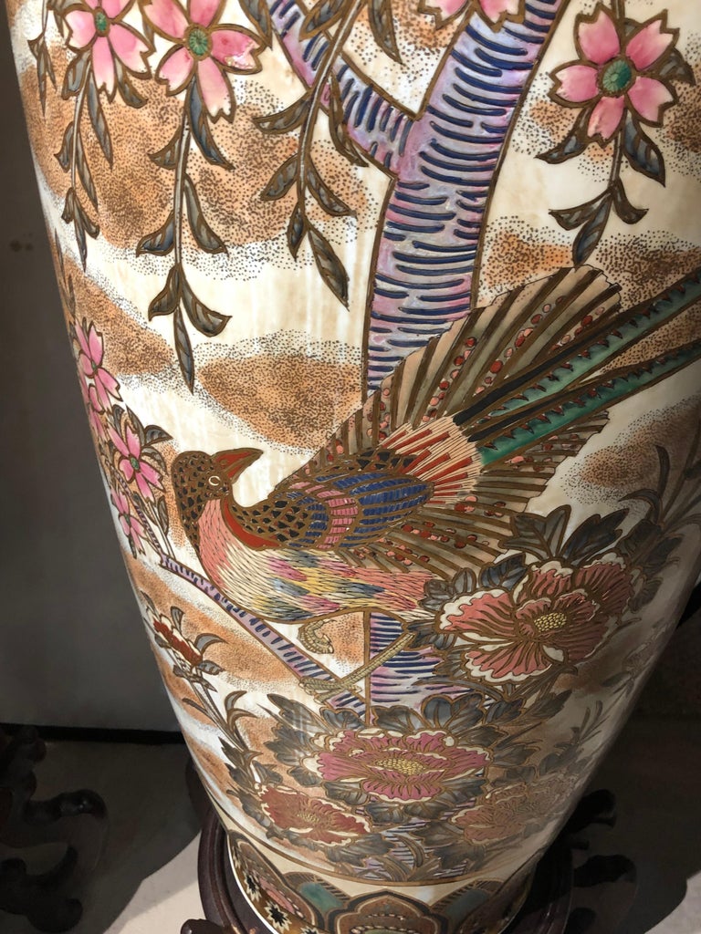 Pair of Chinese Palatial Vases Urns on Teak Pedestals Bird Decorated ...