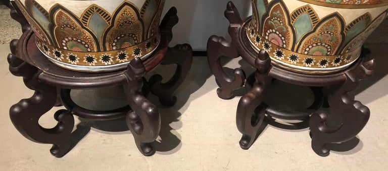 Pair of Chinese Palatial Vases Urns on Teak Pedestals Bird Decorated ...