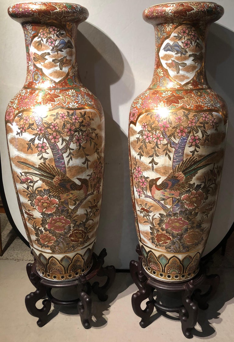 Pair of Chinese Palatial Vases Urns on Teak Pedestals Bird Decorated ...