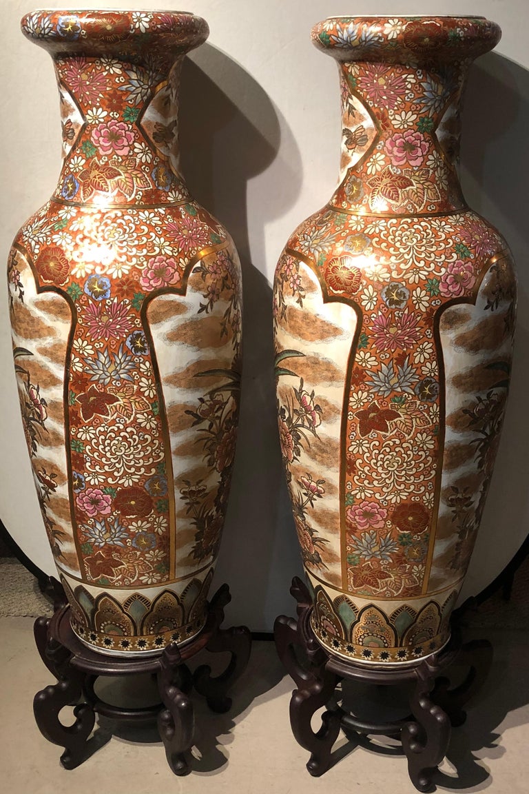 Pair of Chinese Palatial Vases Urns on Teak Pedestals Bird Decorated ...