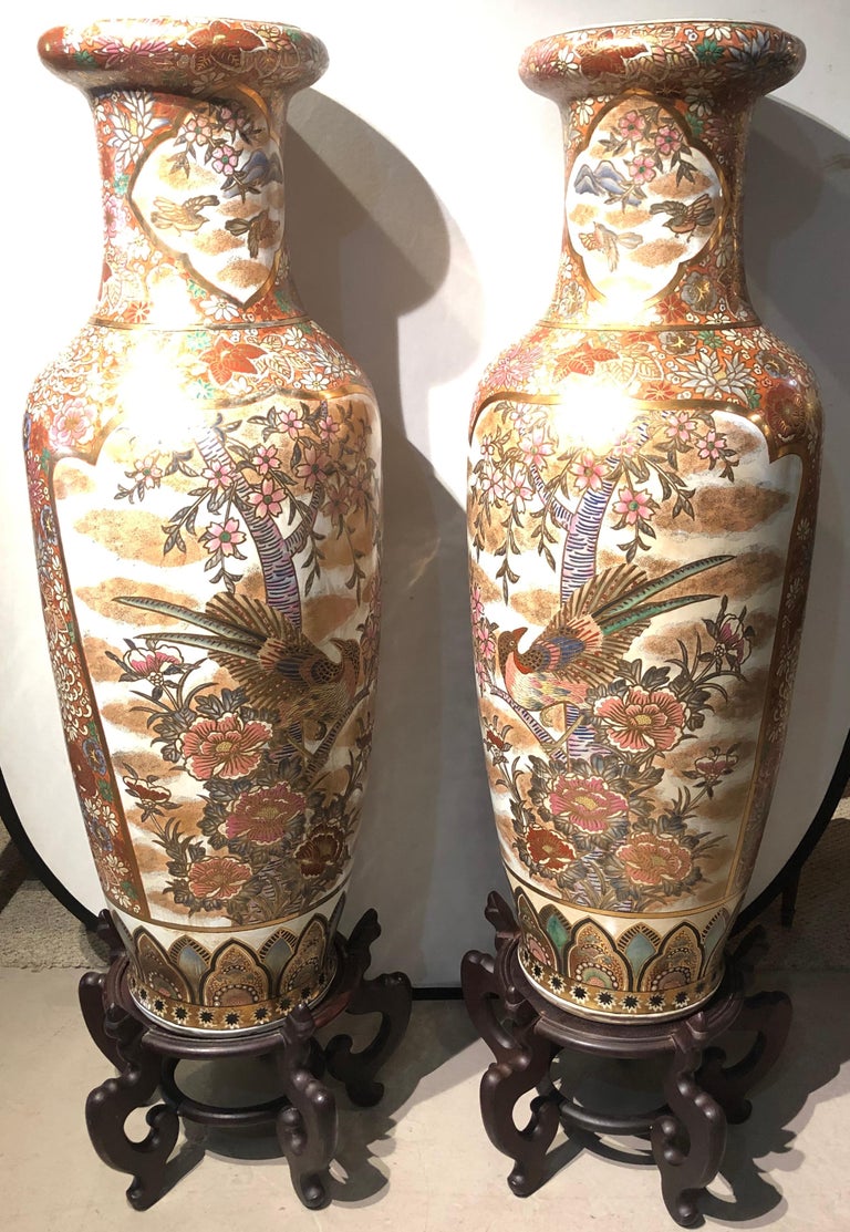 Pair of Chinese Palatial Vases Urns on Teak Pedestals Bird Decorated ...